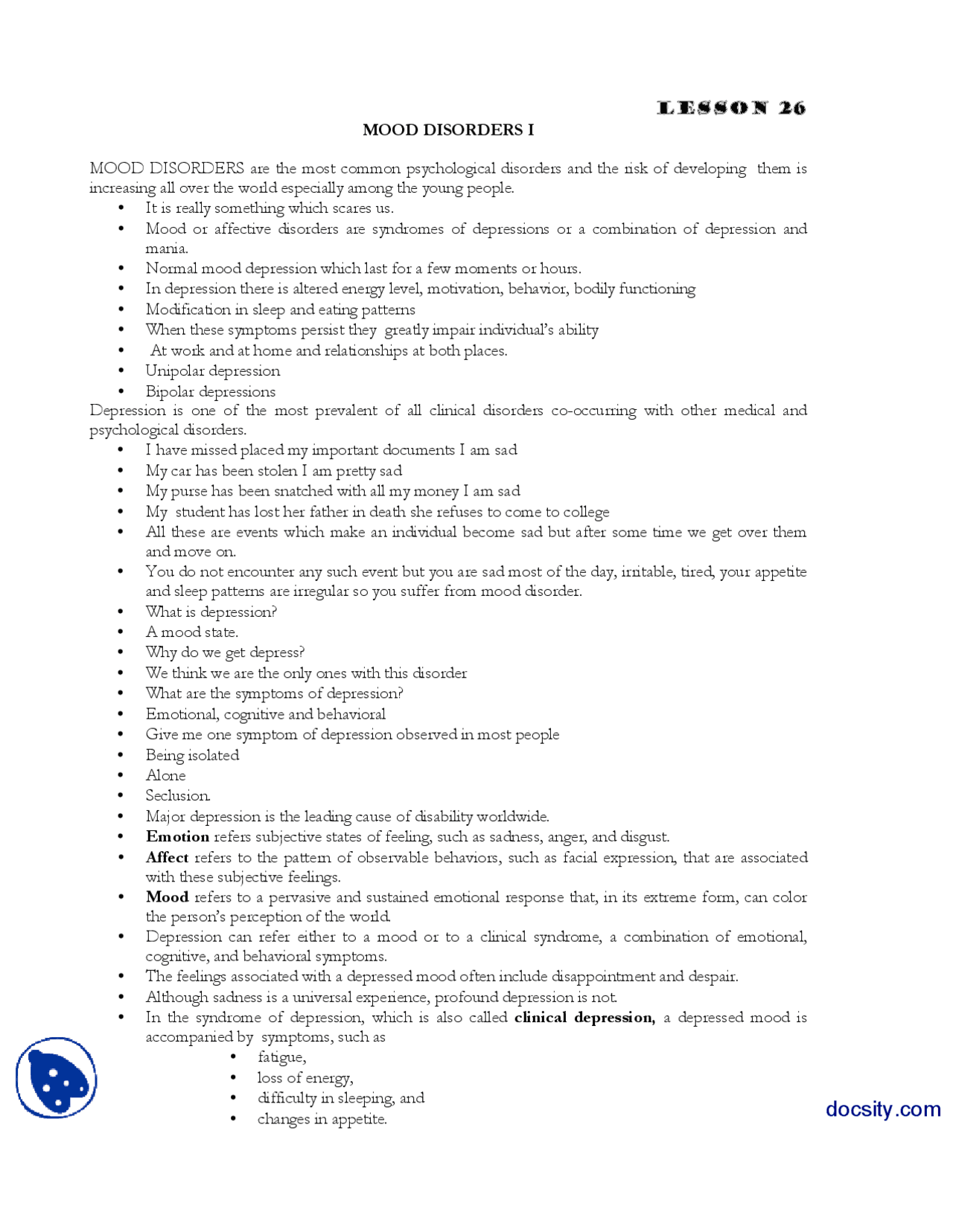 Mood Disorders Part 1 Abnormal Psycology Lecture Handout Exercises