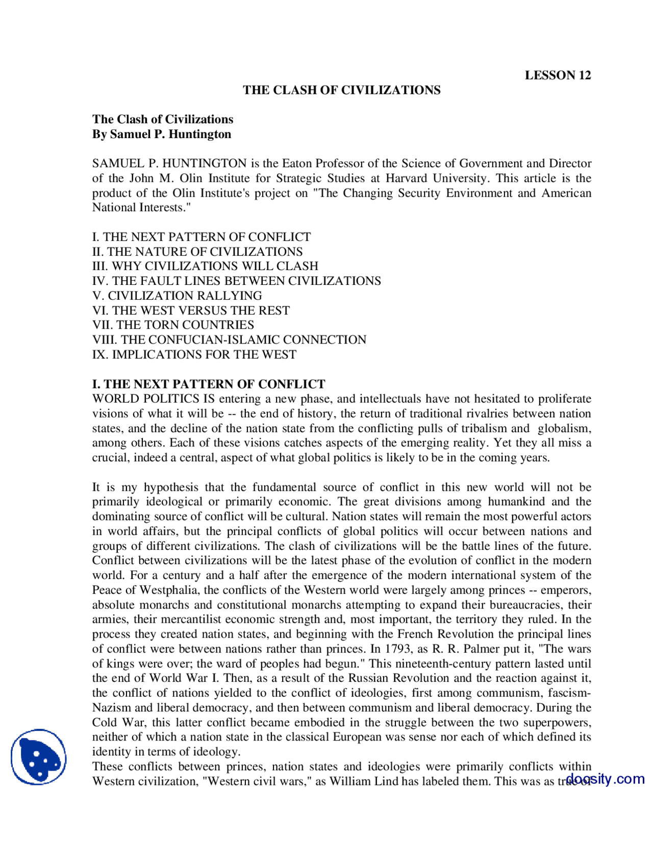 The Clash of Civilizations-International Communication-Lecture Handout ...