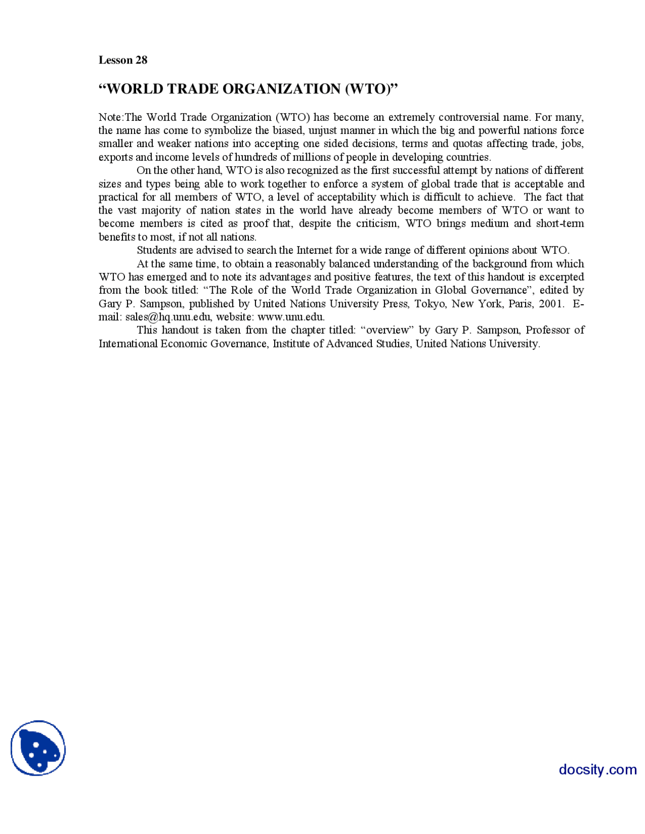 World Trade Organization Globalization Of Media Lecture Handout Docsity