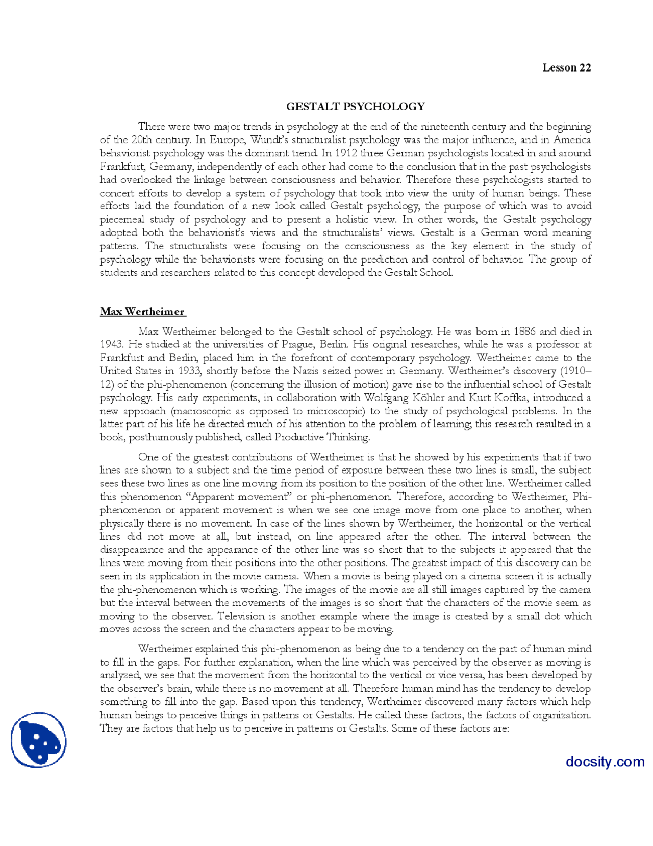 Gestalt Psycology History Of Psycology Lecture Handout Docsity