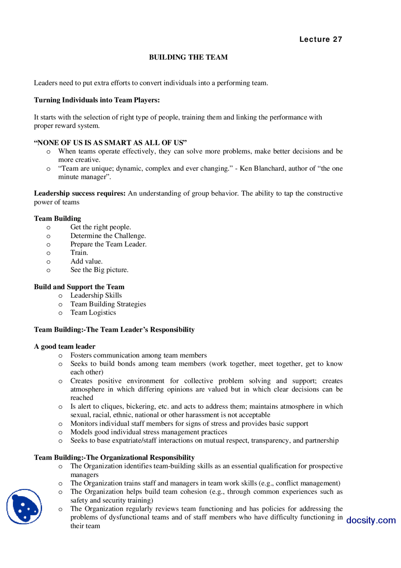 Building The Team Leadership And Team Managment Lecture Handout Docsity