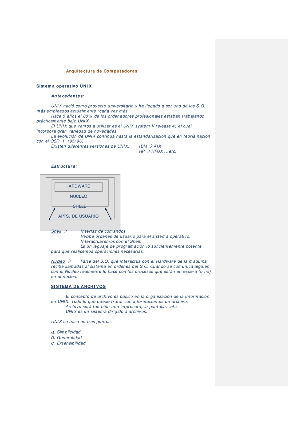 Sistema Operativo Unix Apuntes Arquitectura De Computadoras Docsity