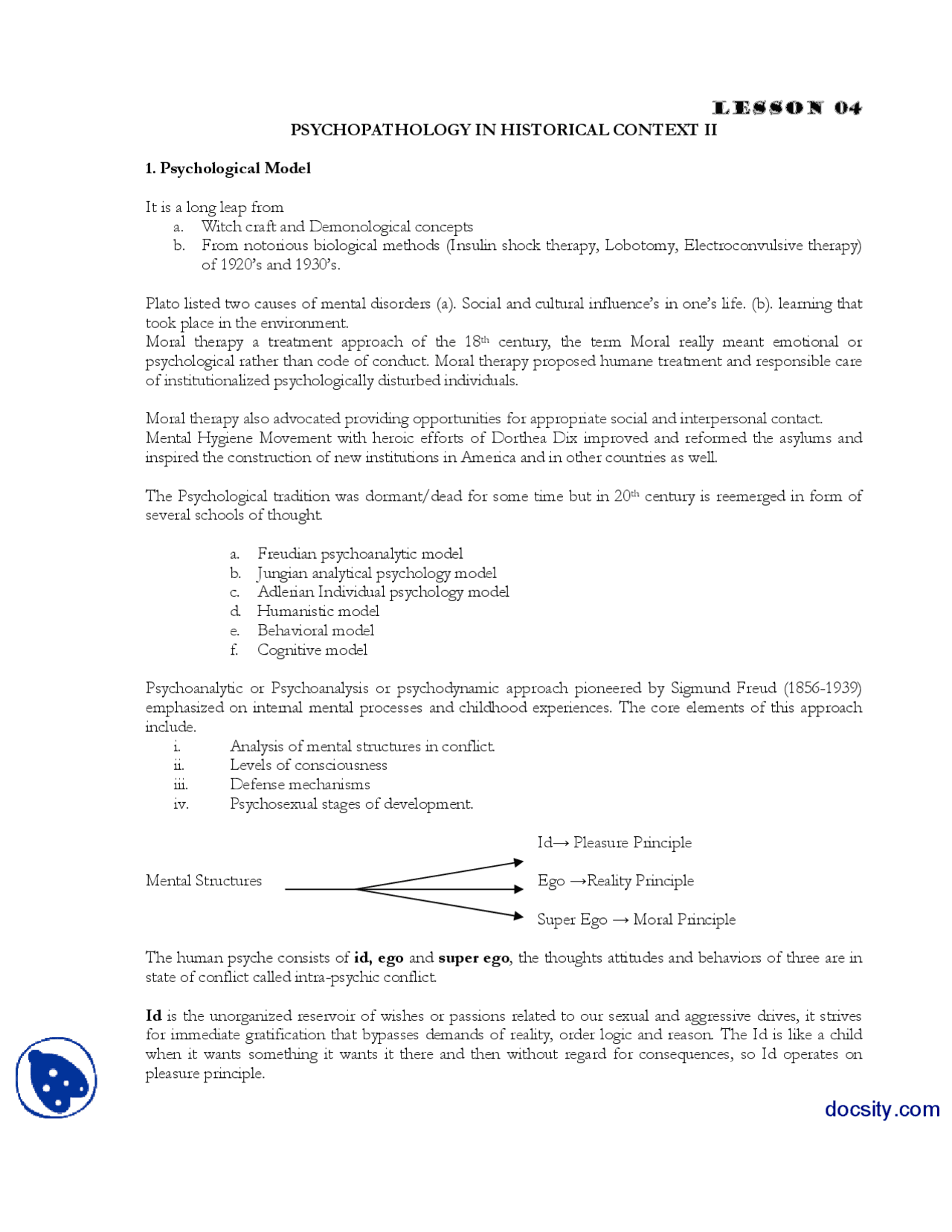 Psychological Model Abnormal Psycology Lecture Handout Docsity