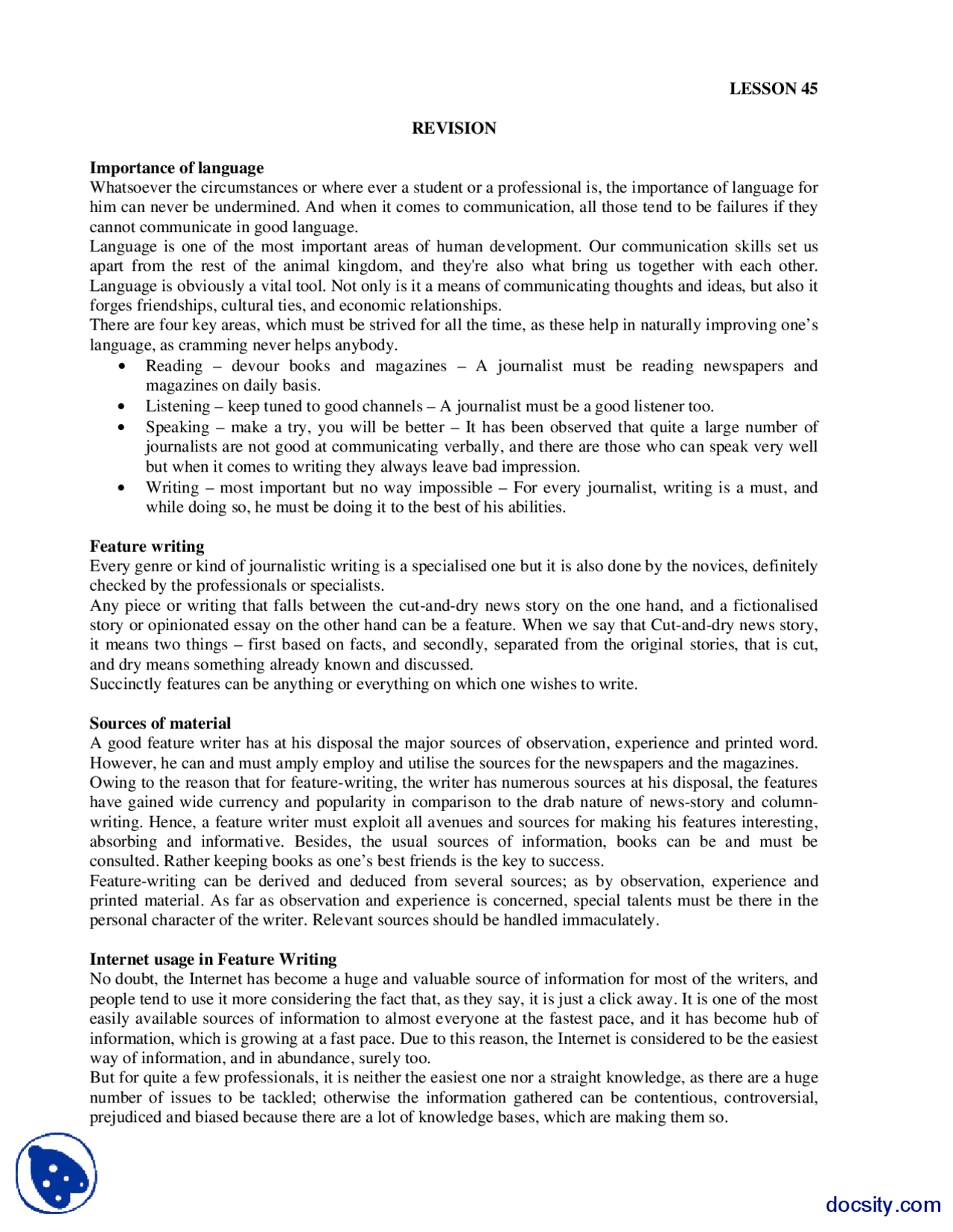 Revision Of Course Feature And Coloumn Writing Lecture Handout Docsity