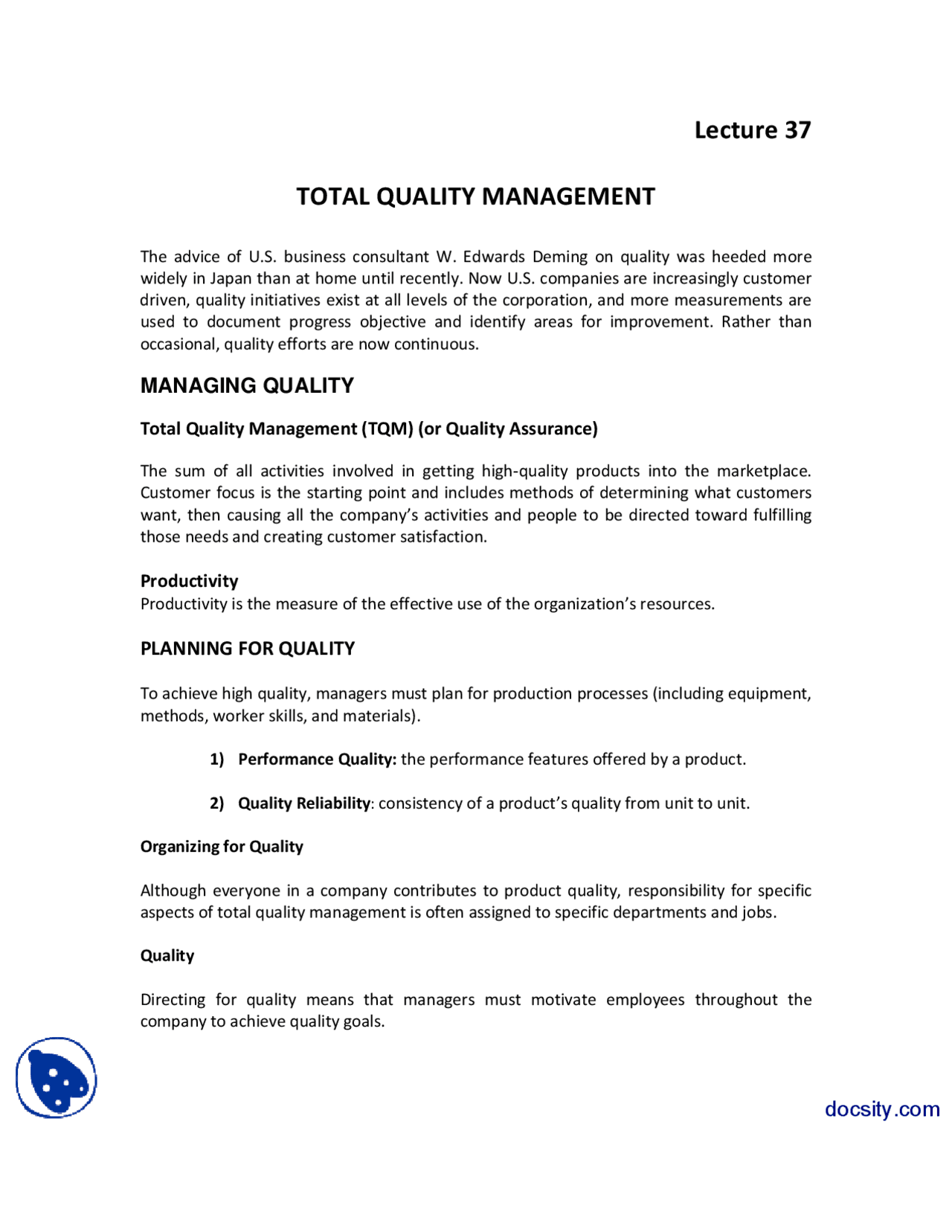 Total Quality Management Introduction To Business Lecture Handout Docsity