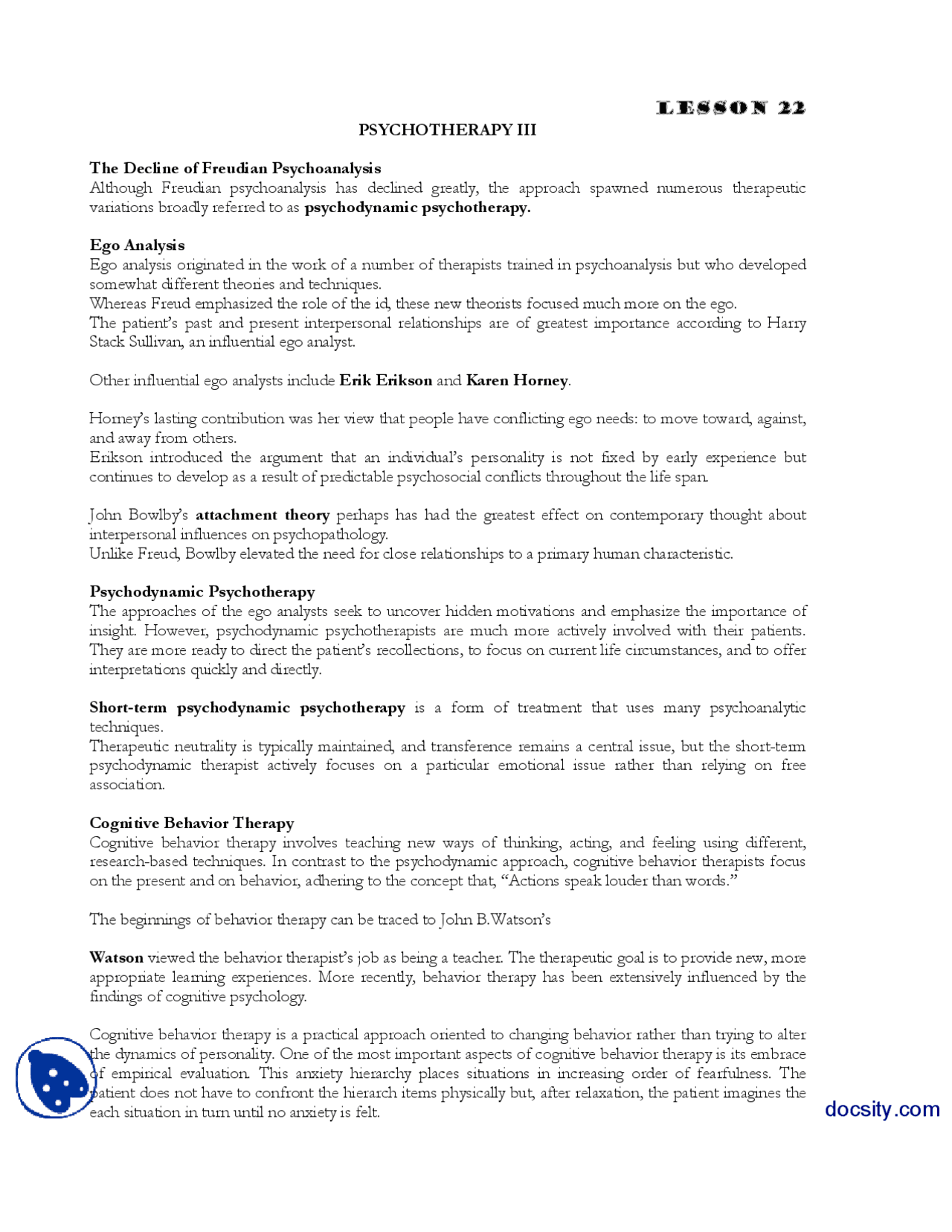 Psychotherapy Part 3 Abnormal Psycology Lecture Handout Docsity