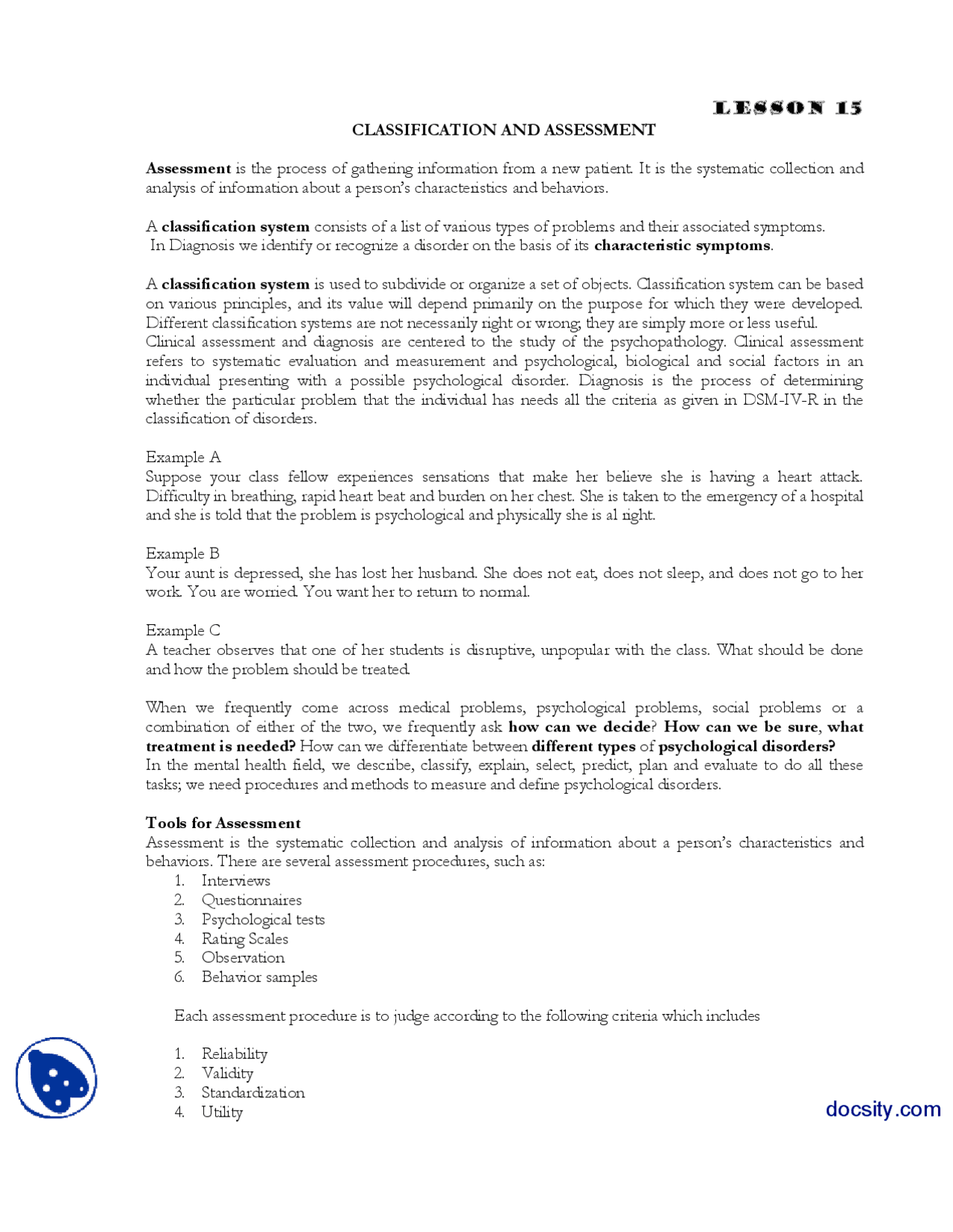 Assessment Abnormal Psycology Lecture Handout Docsity