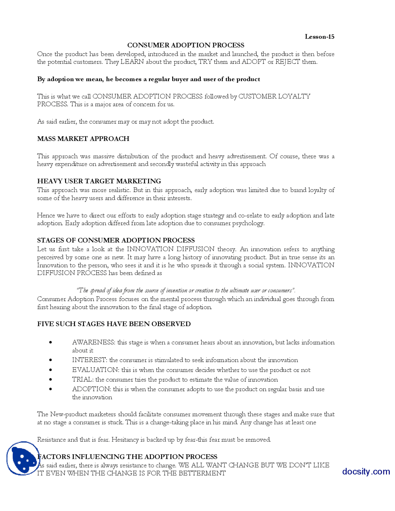 Consumer Adoption Process Marketing Managment Lecture Handout Docsity