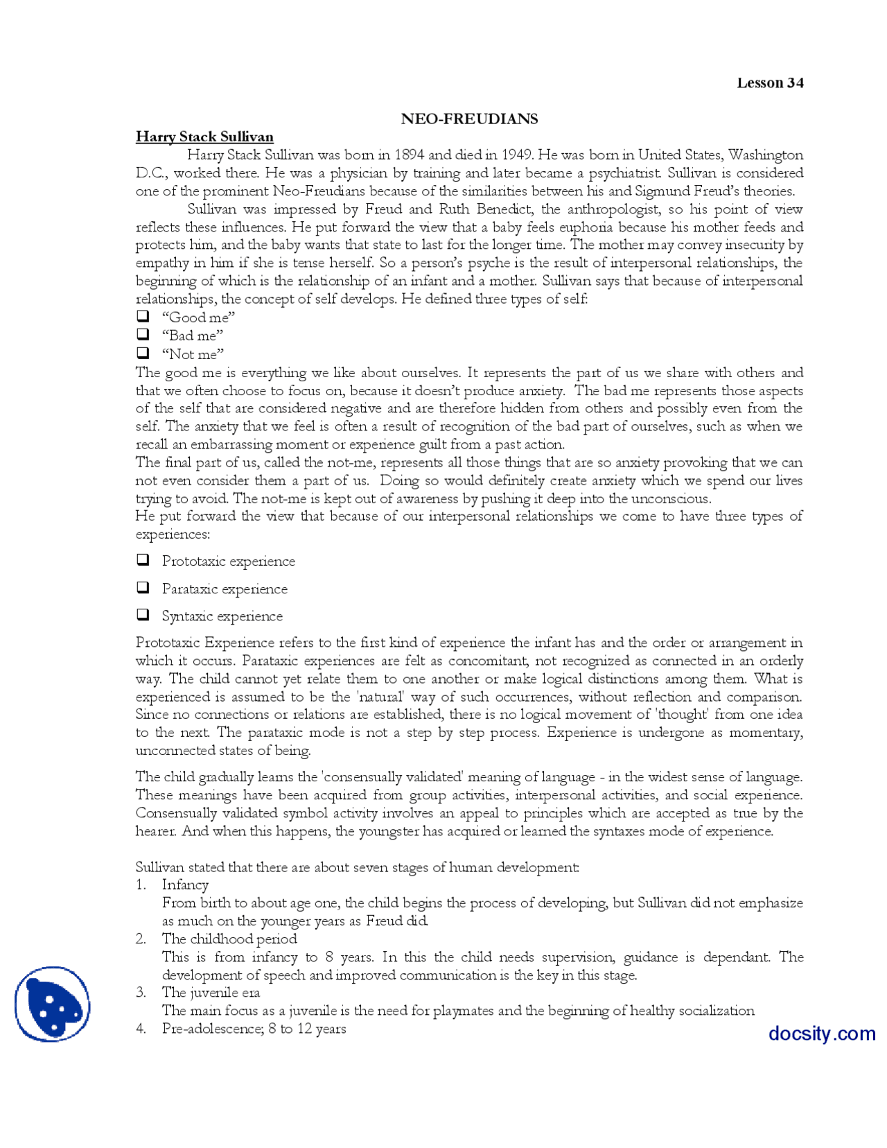 Harry Stack Sullivan-History of Psycology-Lecture Handout - Docsity