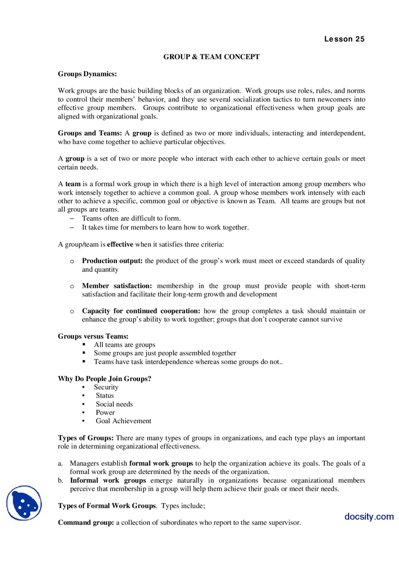 Group And Team Concept Leadership And Team Managment Lecture Handout