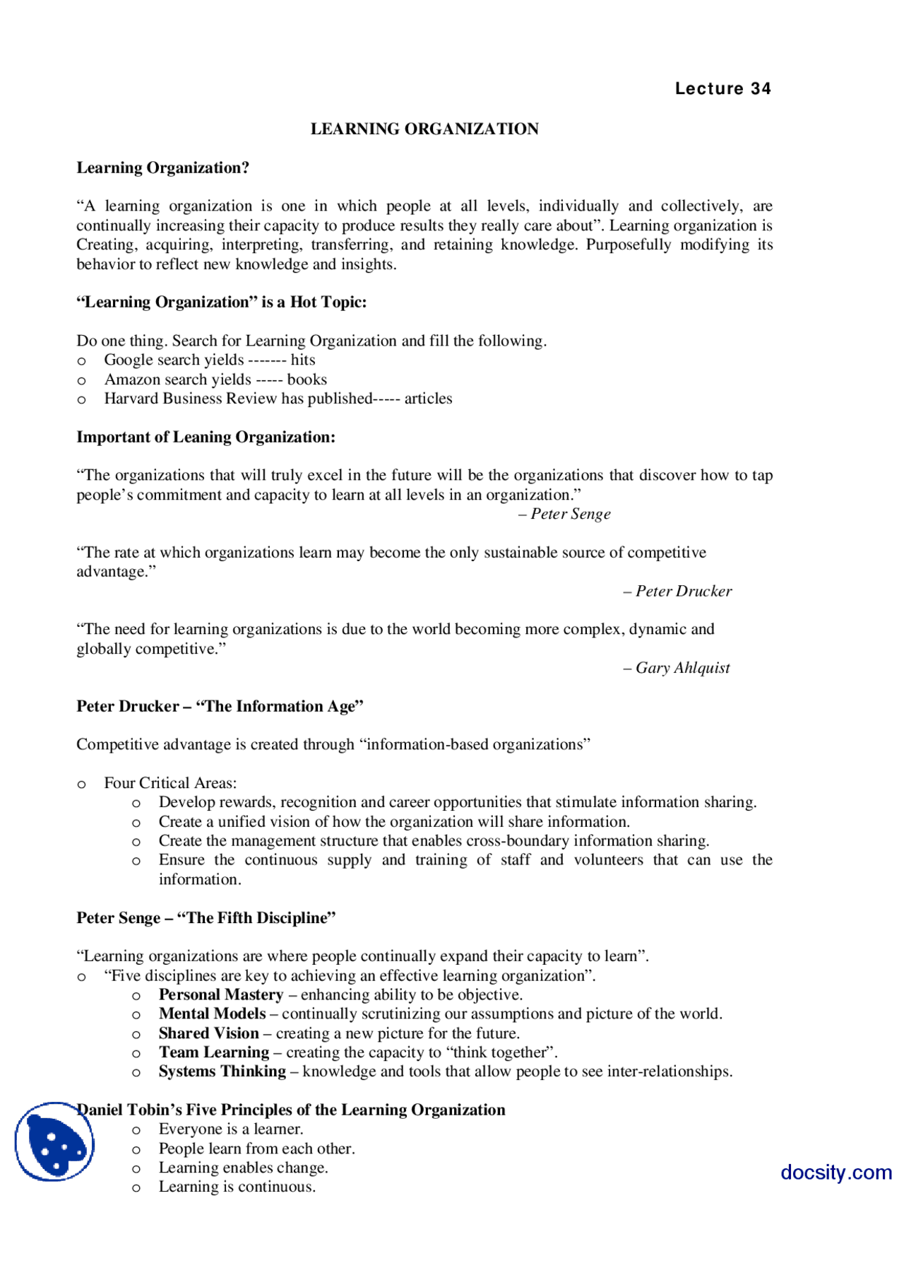 Learning Organization Leadership And Team Managment Lecture Handout