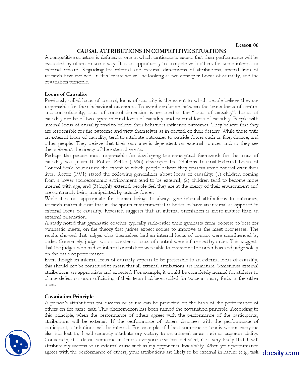 Locus Of Causality Sports Psycology Lecture Handout Exercises Sports
