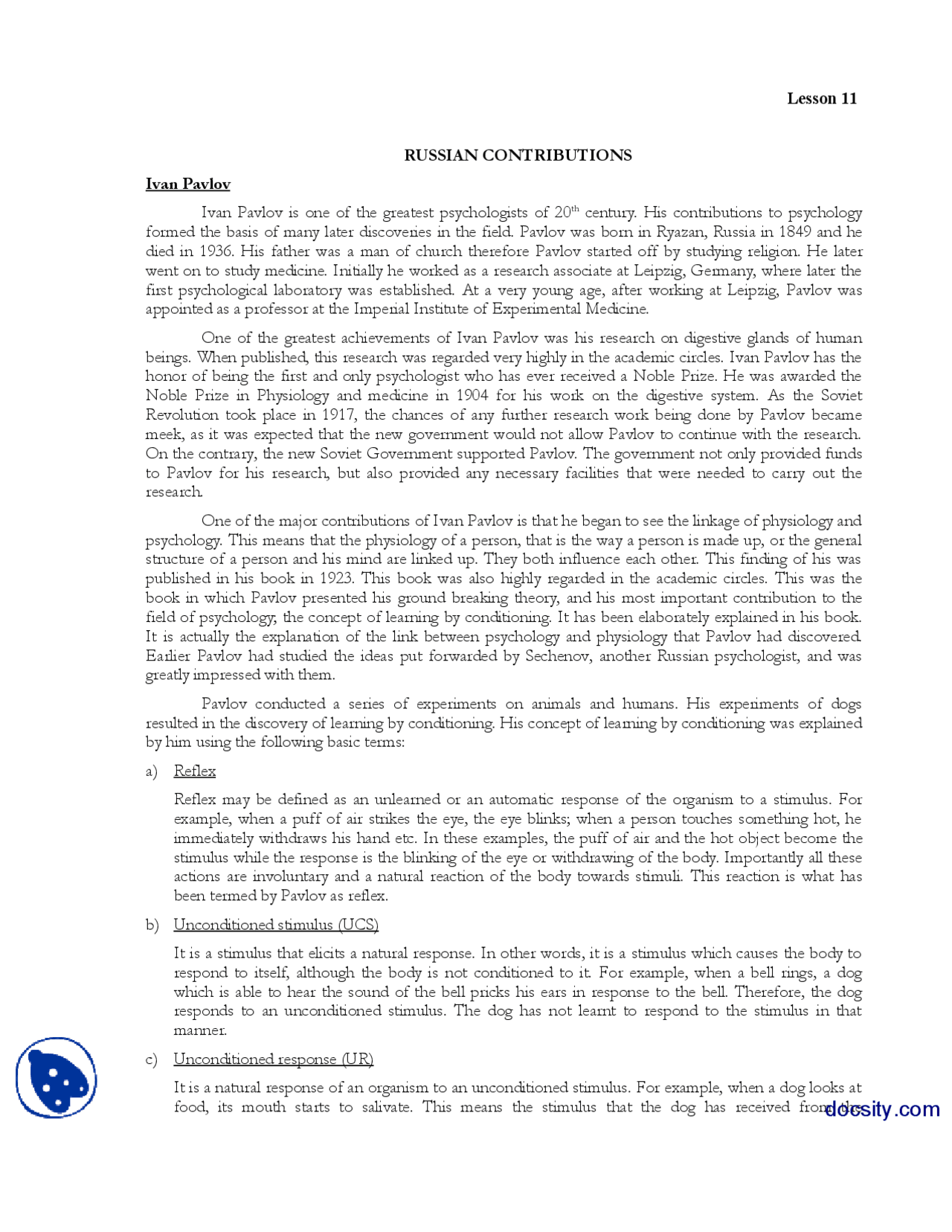 Russian Contributions Part 1 History Of Psycology Lecture Handout Docsity