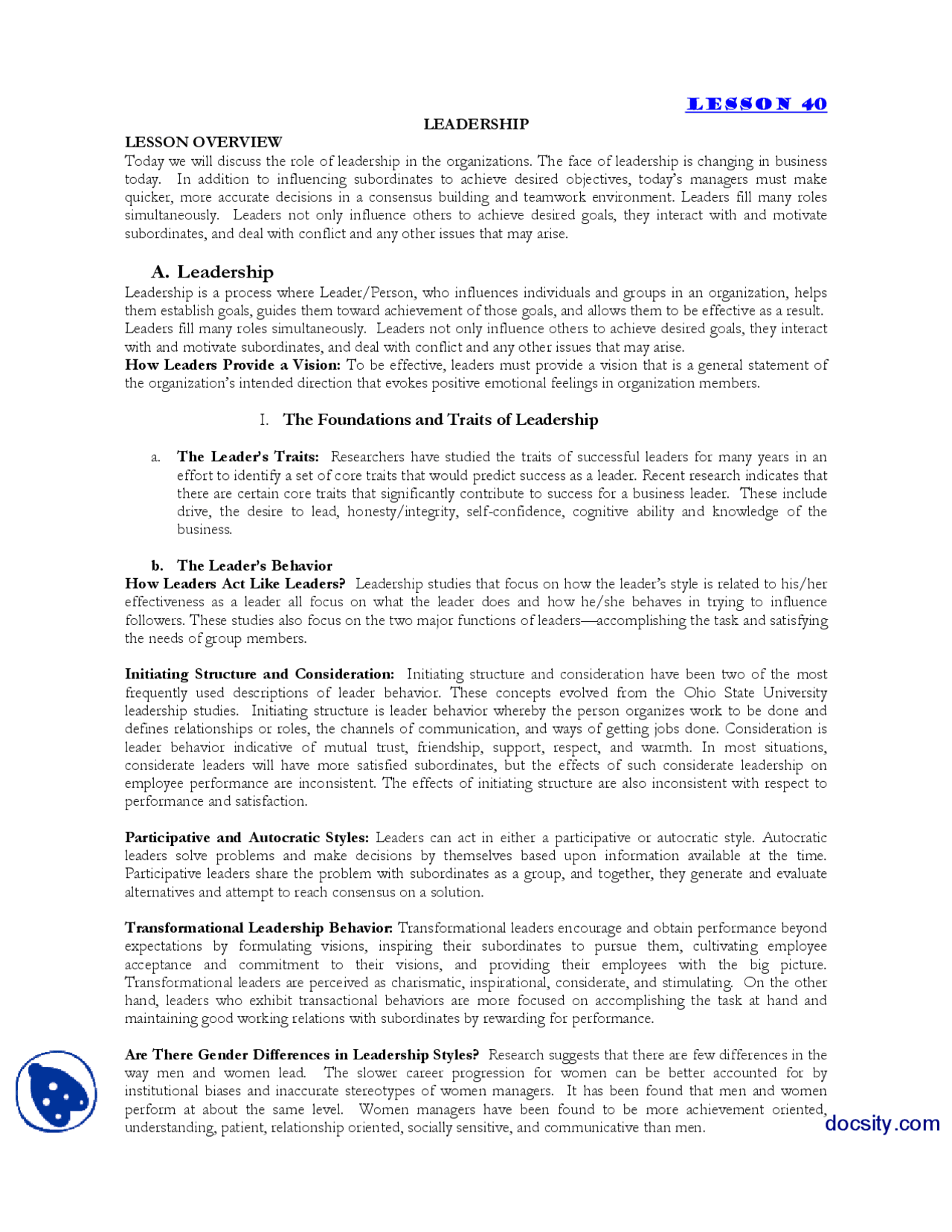 Leadership Human Resource Managment Lecture Handout Docsity