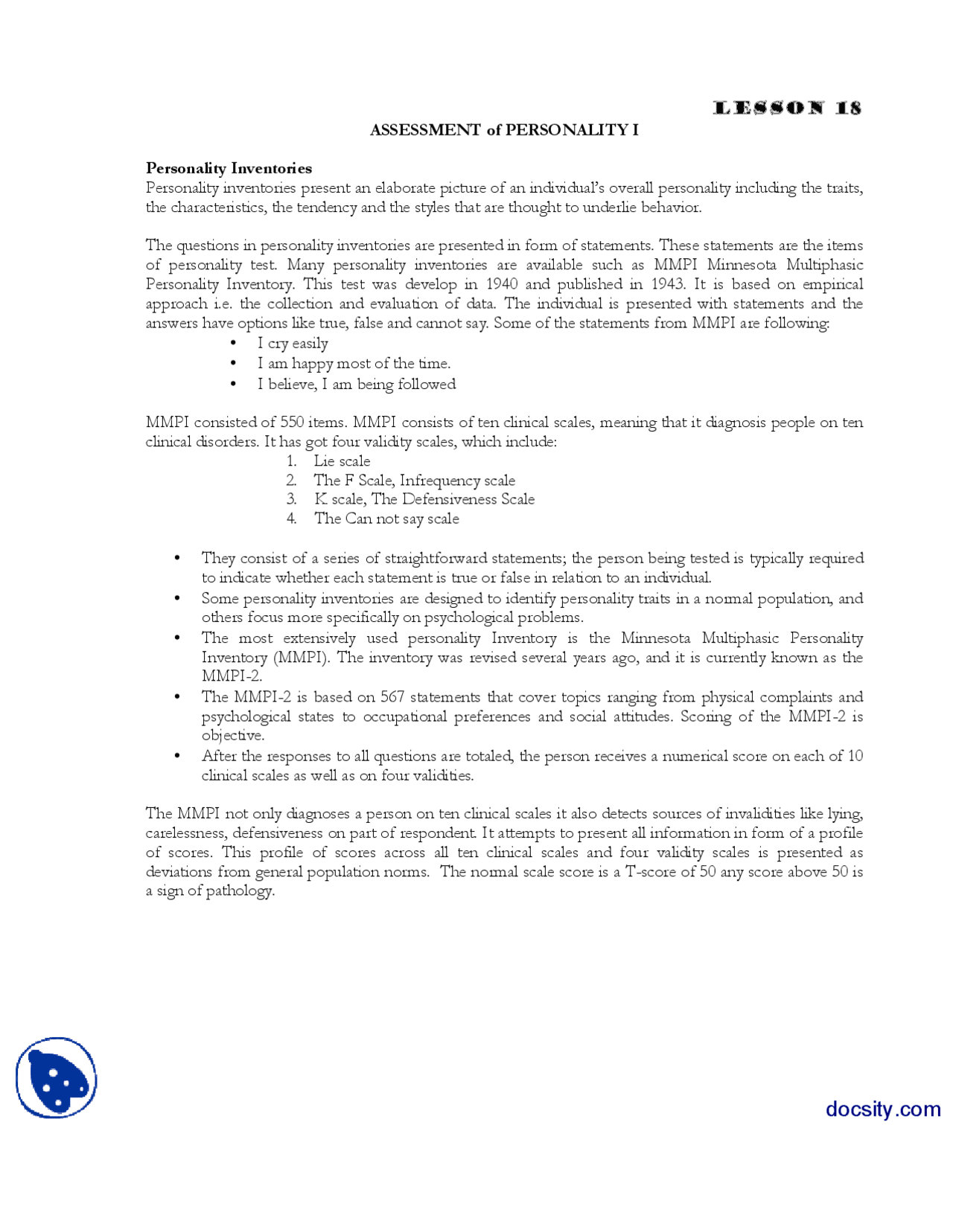Personality Inventories Abnormal Psycology Lecture Handout Docsity