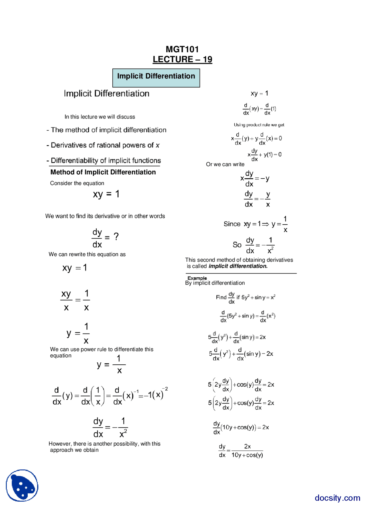 Implicit Differentiation-General Mathematics-Lecture Handout - Docsity