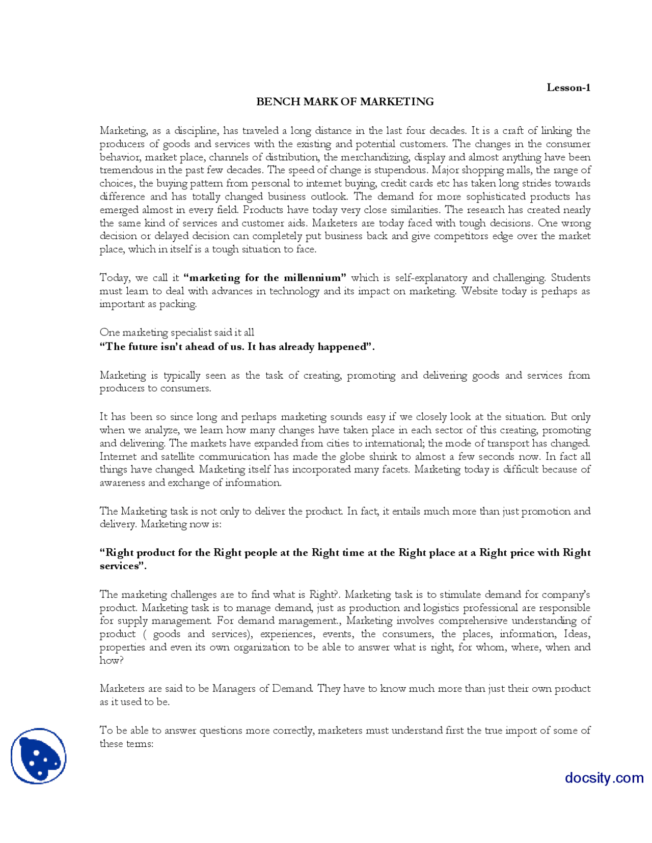 Bench Mark Of Marketing Marketing Managment Lecture Handout Docsity