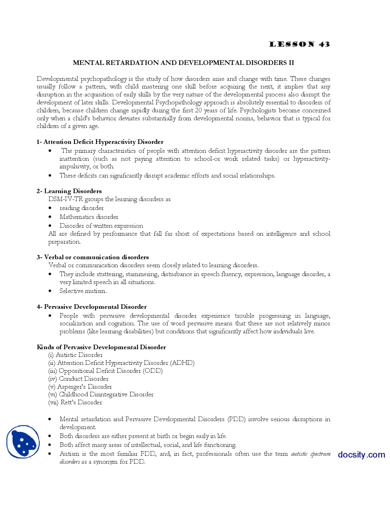 Developmental Disorder Part 2 Abnormal Psycology Lecture Handout Docsity
