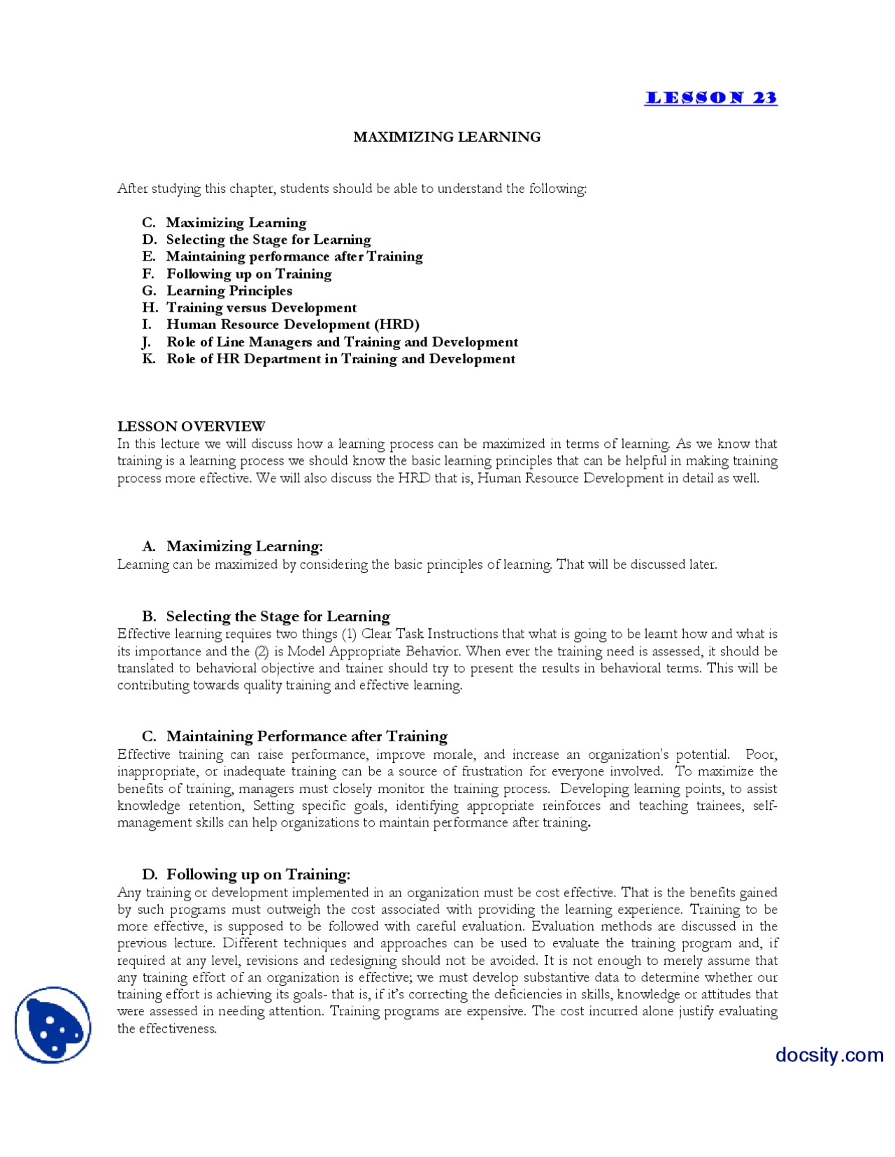 Maximizing Learning Human Resource Managment Lecture Handout Docsity