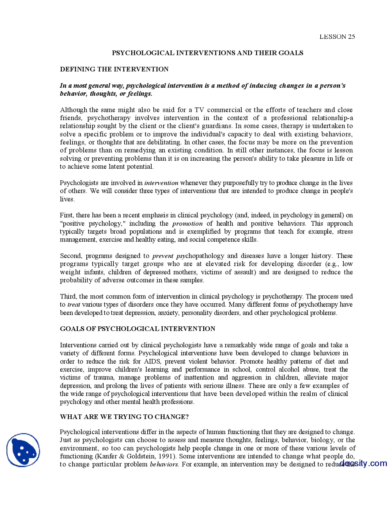 Intervention Clinical Psycology Lecture Handout Docsity