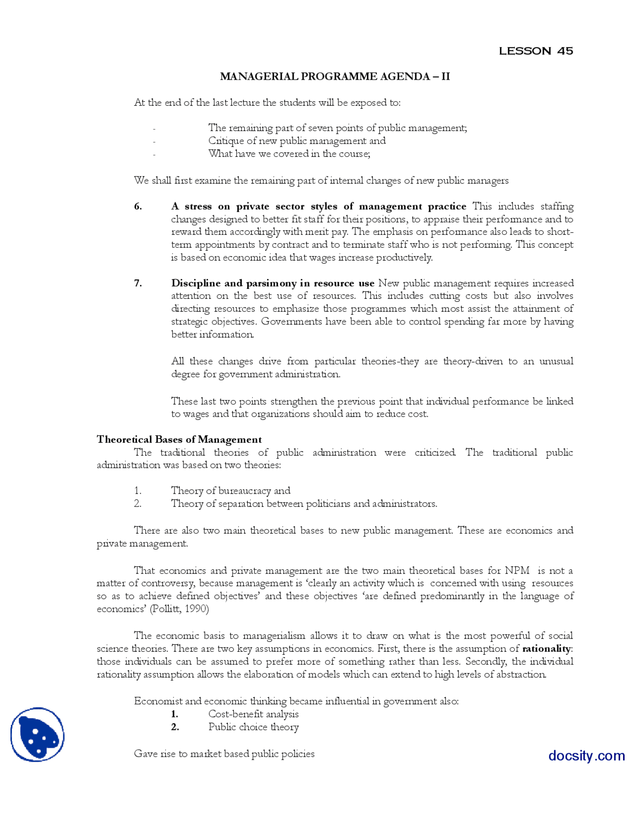 Managerial Programme Agenda-II-Introduction to Public Administration-Lecture Handout - Docsity
