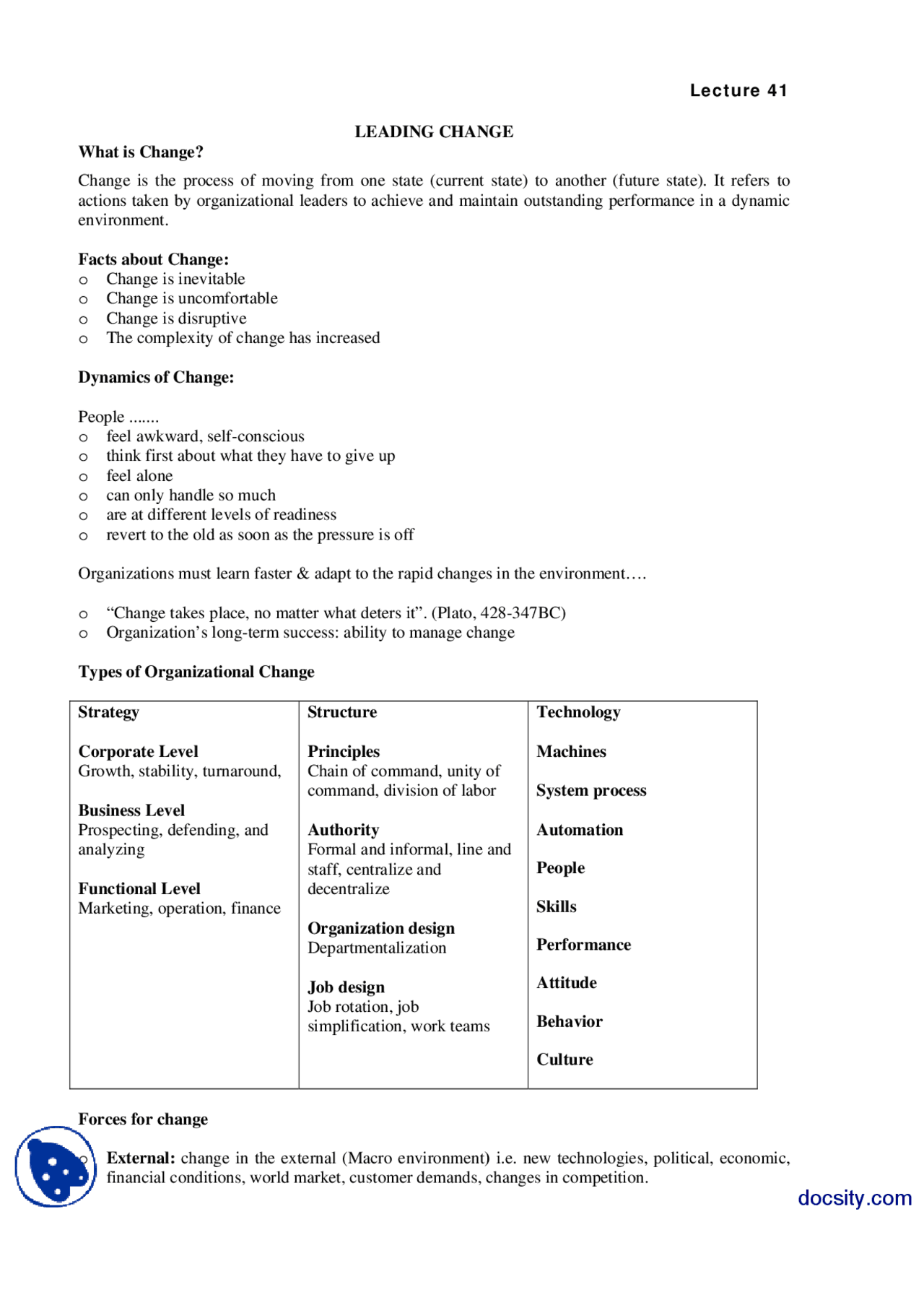 Leading Change-Leadership and Team Managment-Lecture Handout - Docsity