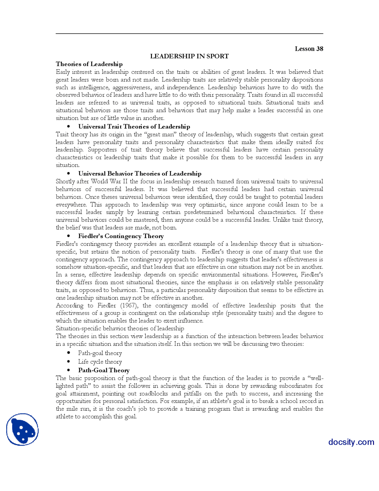 Theories Of Leadership Sports Psycology Lecture Handout Docsity