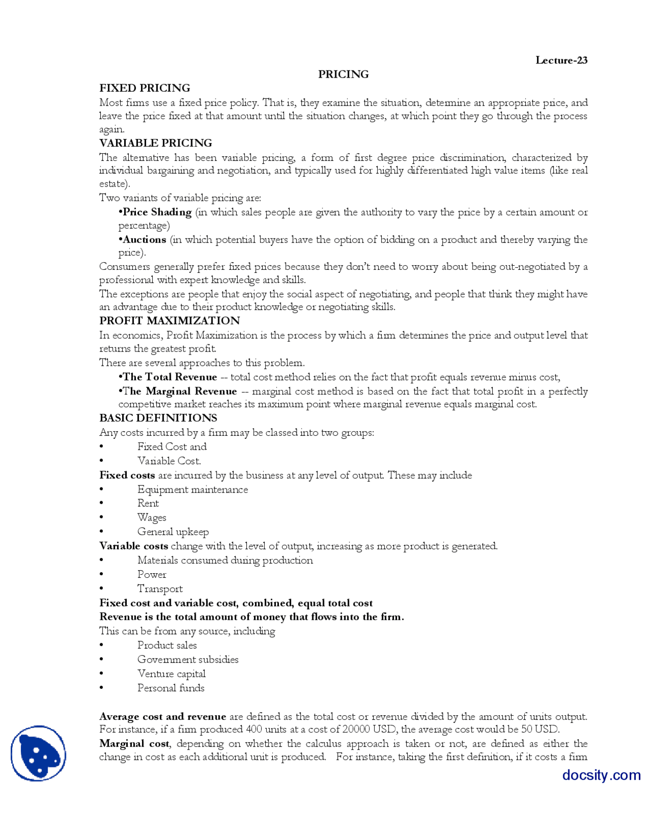 Pricing Part2 Marketing Managment Lecture Handout Docsity