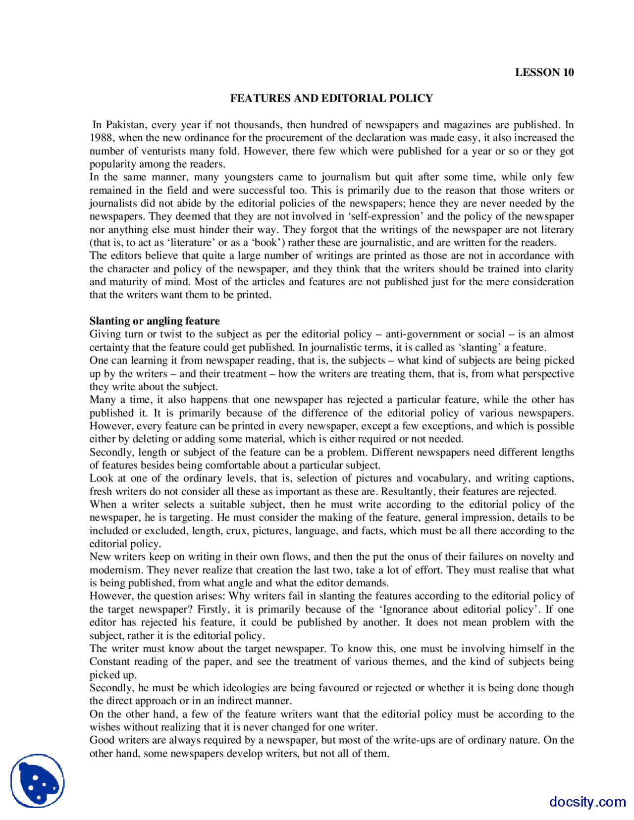 Slanting Or Angling Feature Feature And Coloumn Writing Lecture Handout