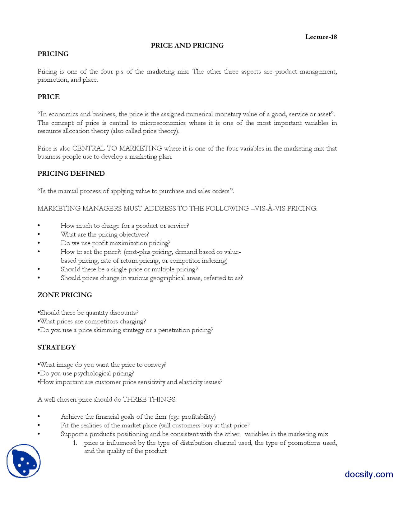 Price and Pricing-Marketing Managment-Lecture Handout - Docsity