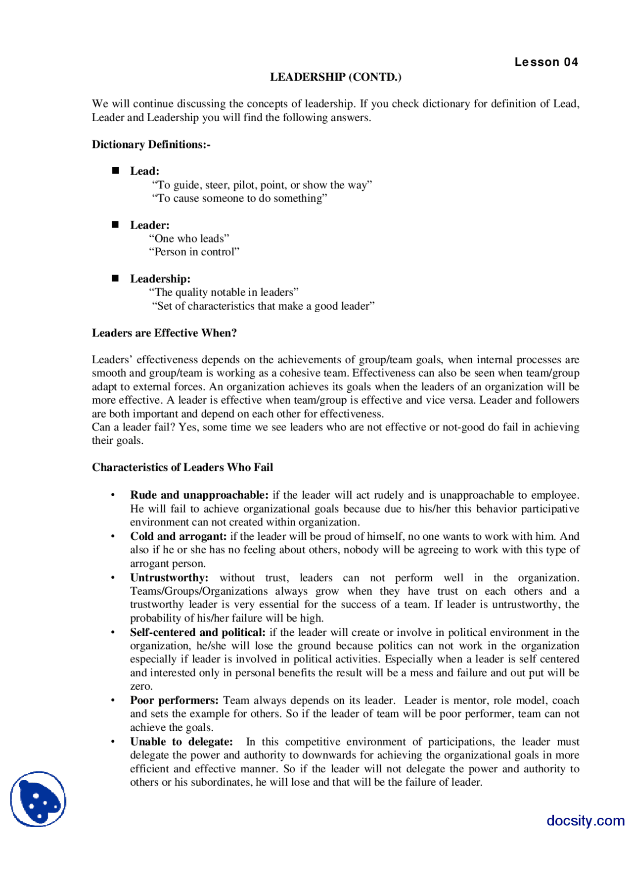 Leadership Part2 Leadership And Team Managment Lecture Handout Docsity