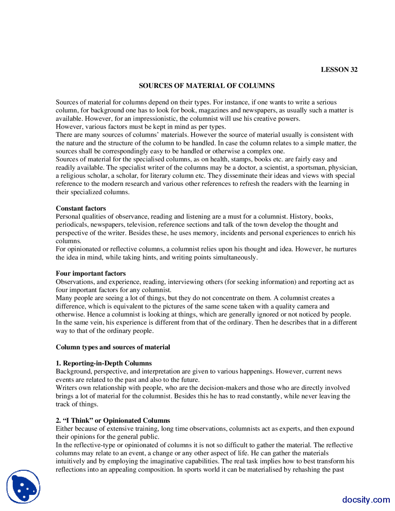 Materials Of Column Feature And Coloumn Writing Lecture Handout Docsity