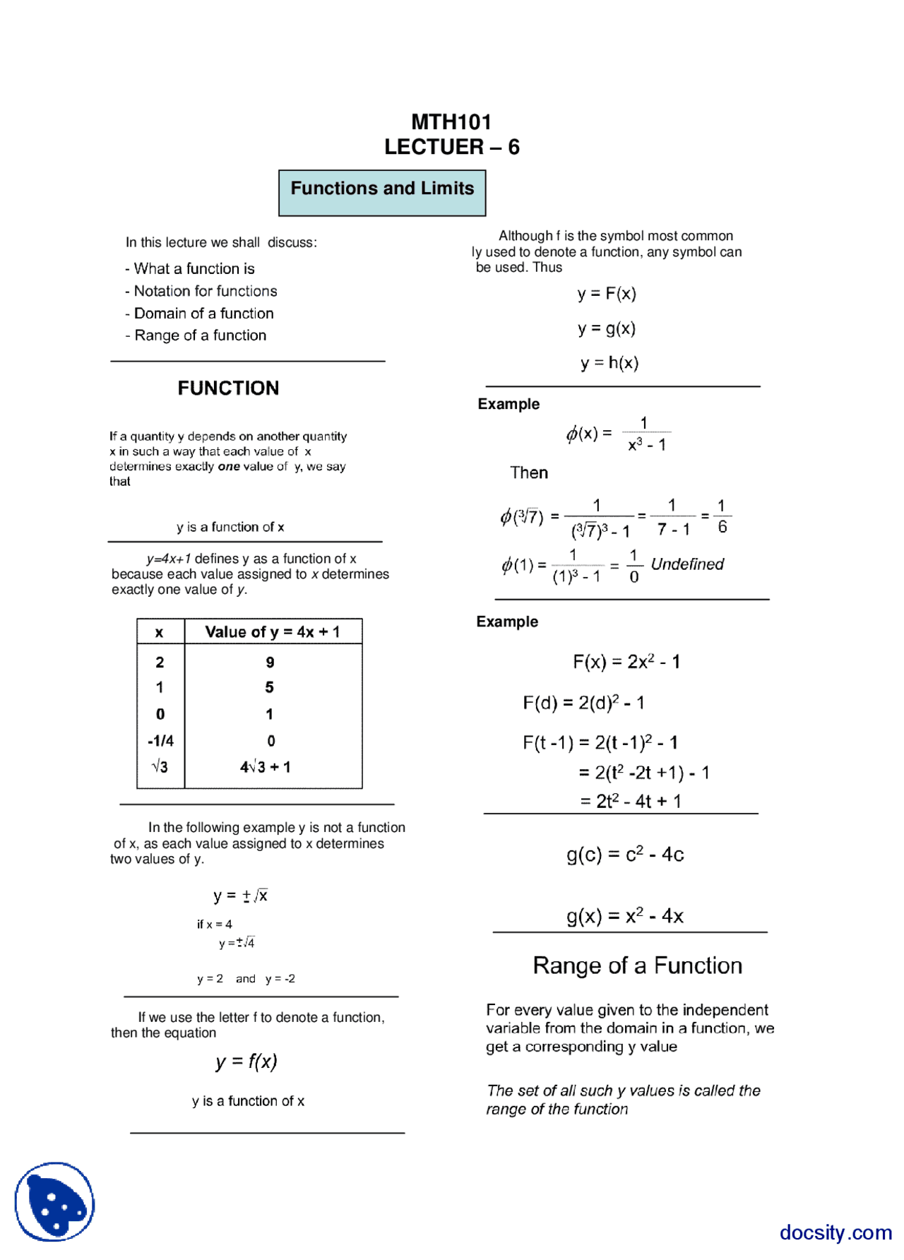 Functions and Limits-General Mathematics-Lecture Handout | Exercices Mathématiques primaires ...