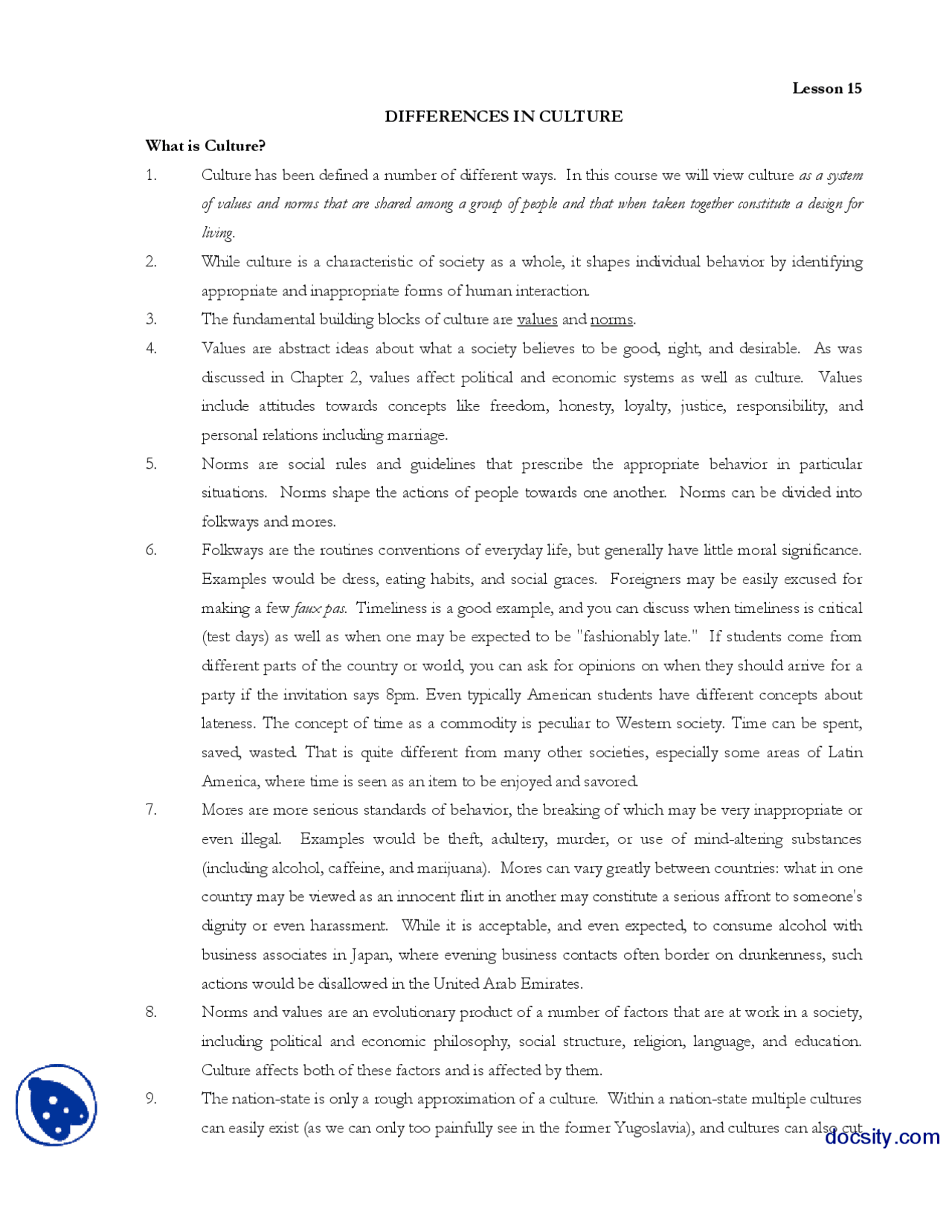 Diffrences In Culture Lesson 15 International Business Lecture Handout