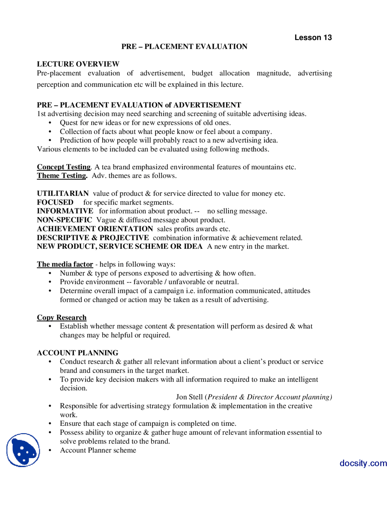 Placment Evaluation Advertising And Promotion Lecture Handout Docsity