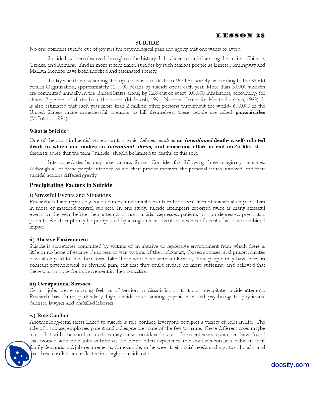 Sucide Abnormal Psycology Lecture Handout Docsity