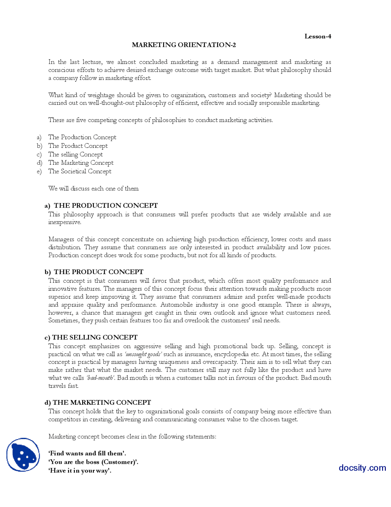 Marketing Orientation Ii Marketing Managment Lecture Handout Docsity