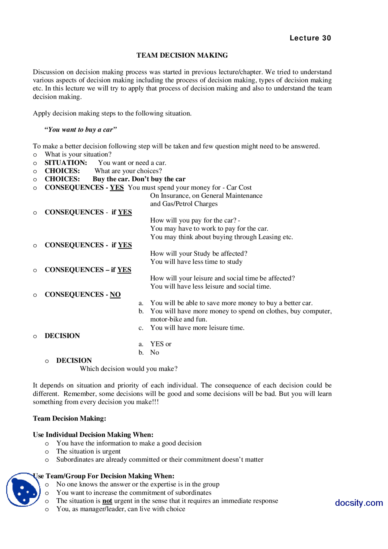 Team Decision Making Leadership And Team Managment Lecture Handout