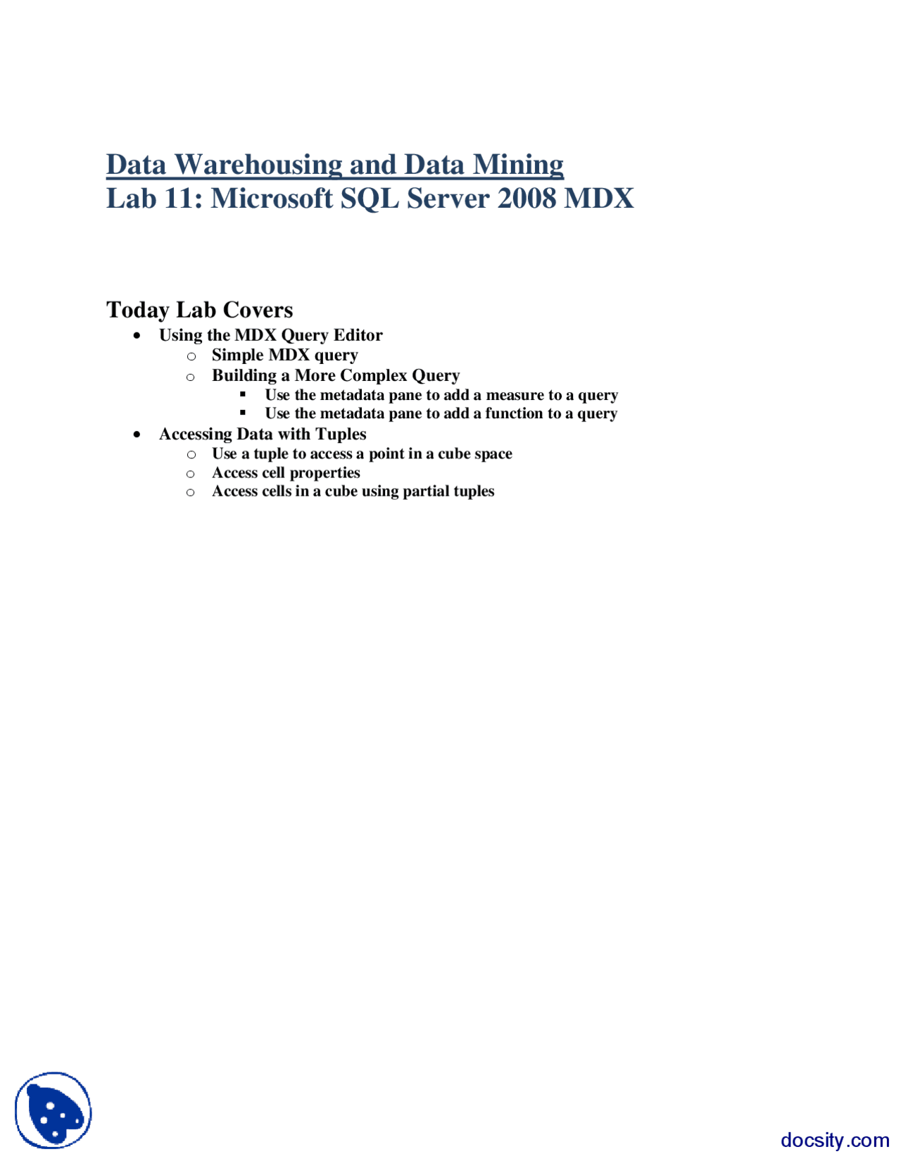 Microsoft Sql Server 2008 Mdx Data Warehouse Lab Mannual Docsity