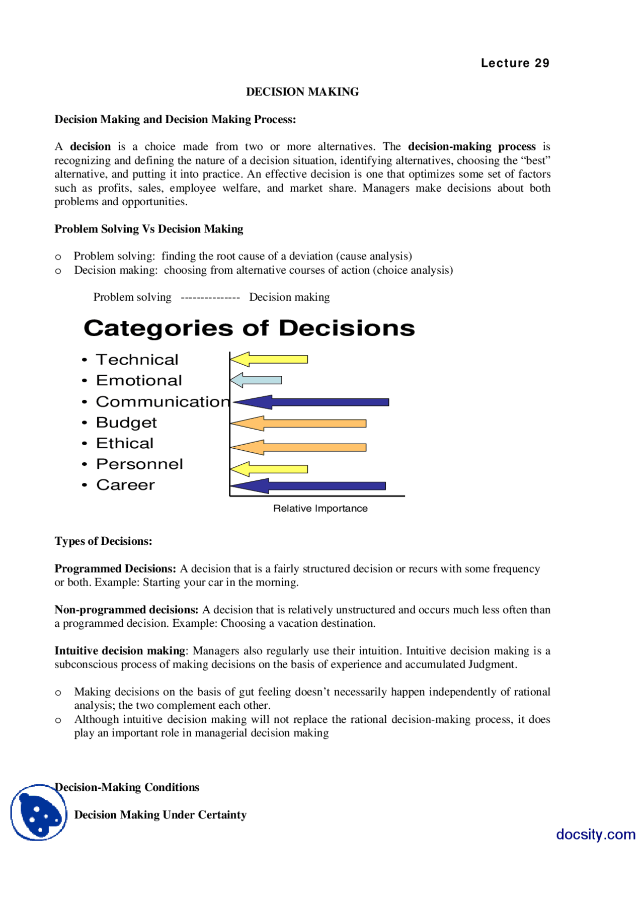 Decision Making Leadership And Team Managment Lecture Handout Docsity