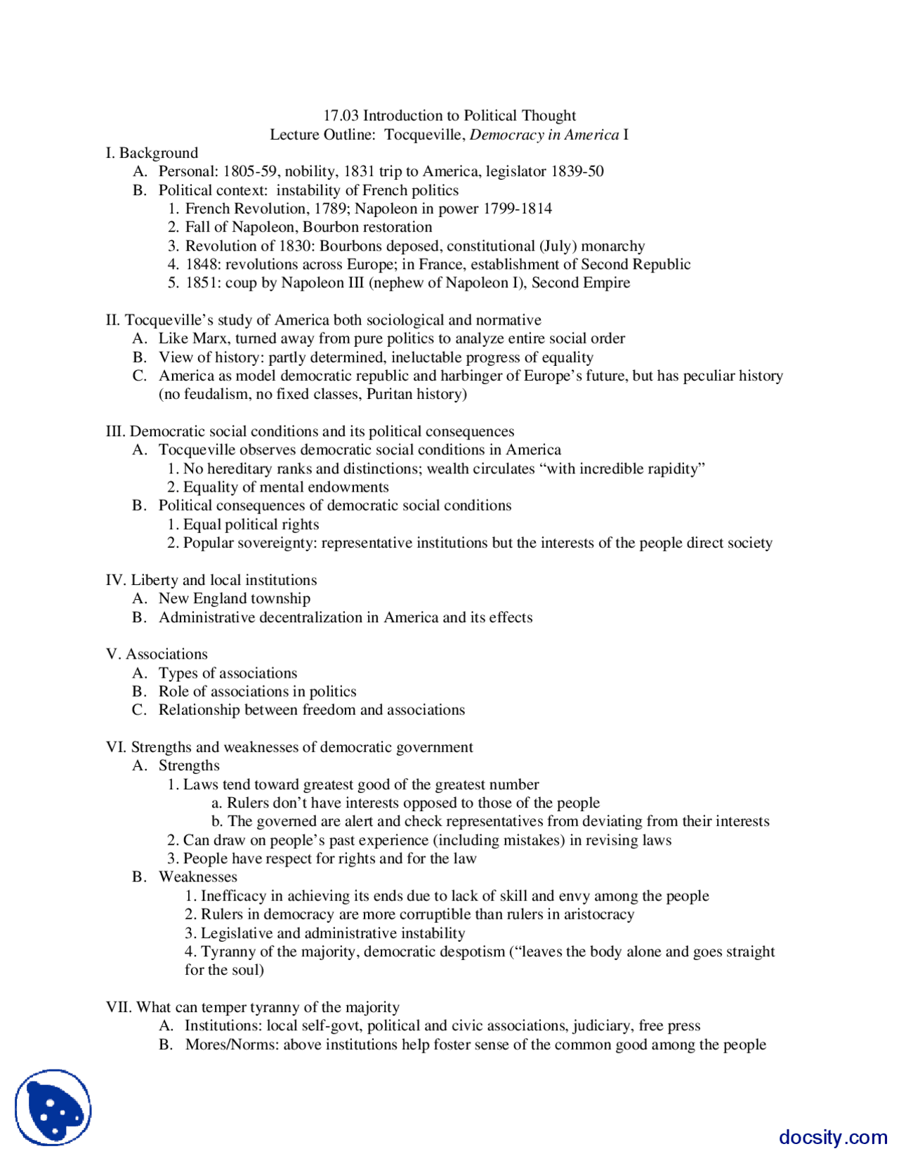 Democracy In America Part 1 Political Philosophy Lecture Handout Docsity