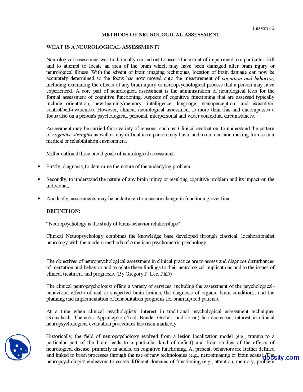 Neourological Assessment Clinical Psycology Lecture Handout Docsity
