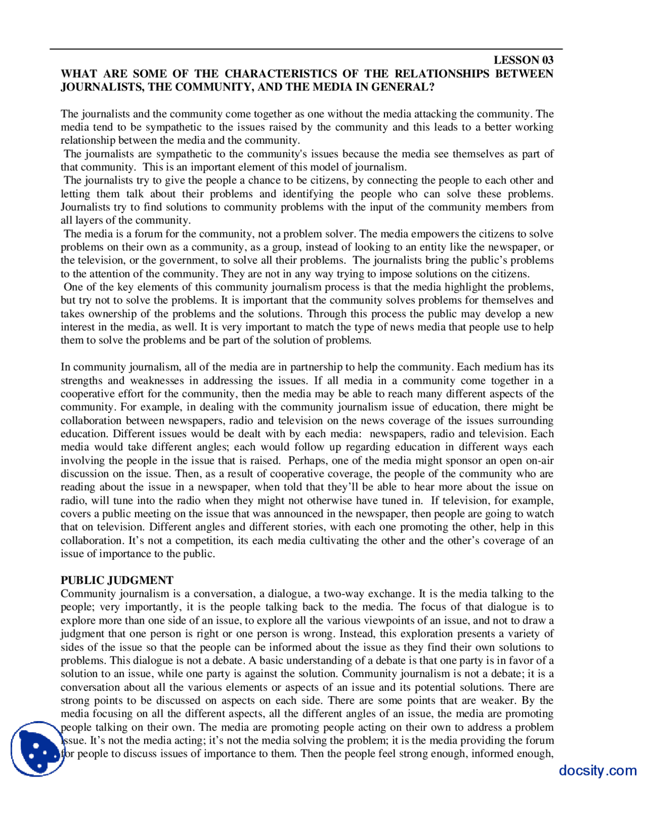Chracteristics Community Journalism Lecture Handout Exercises