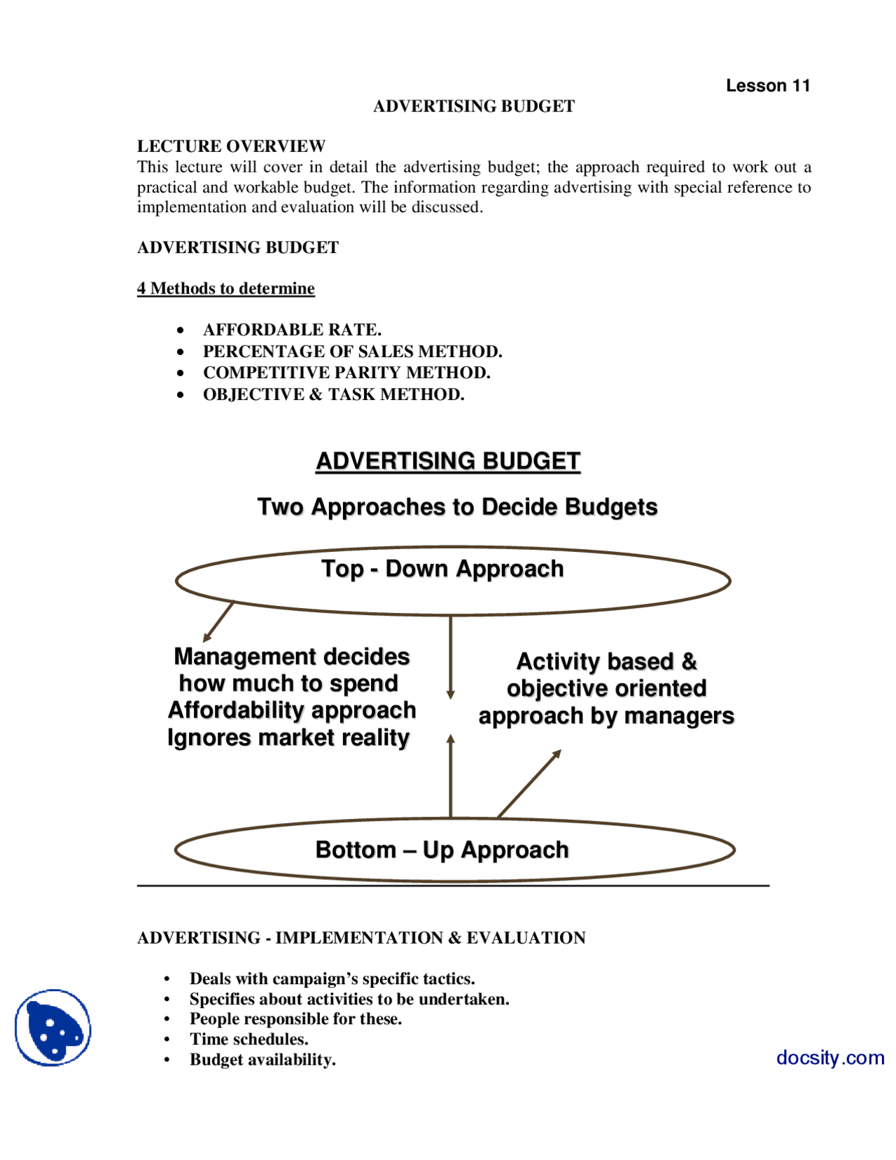 Advertizing Budget Advertising And Promotion Lecture Handout Docsity