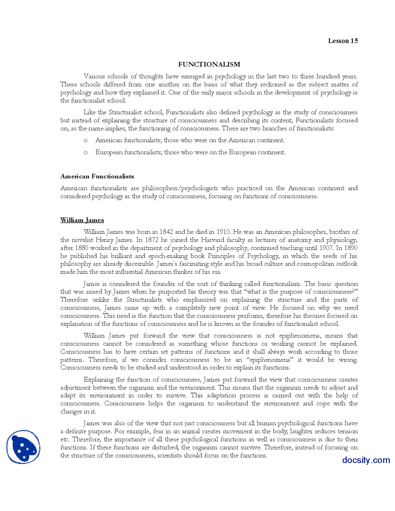 Functionalism History Of Psycology Lecture Handout Docsity