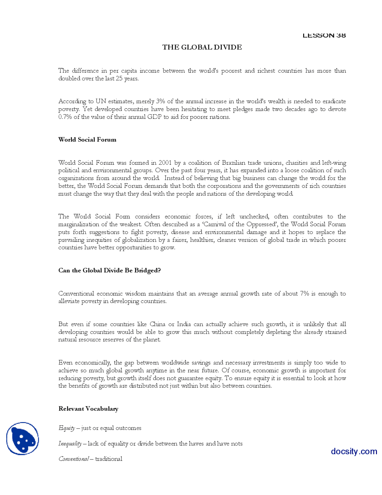 The Global Divide International Relations Lecture Handout Docsity