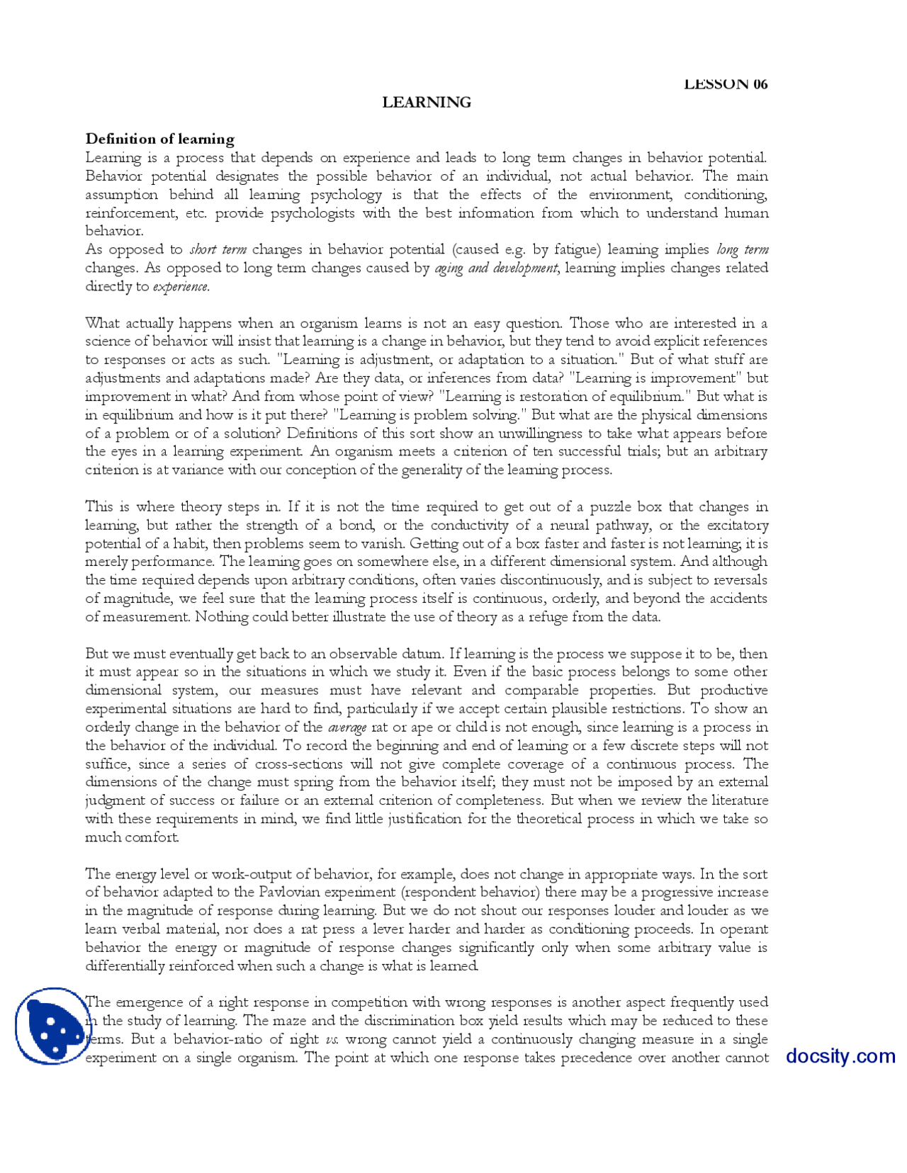 Learning Experimental Psycology Lecture Handout Docsity