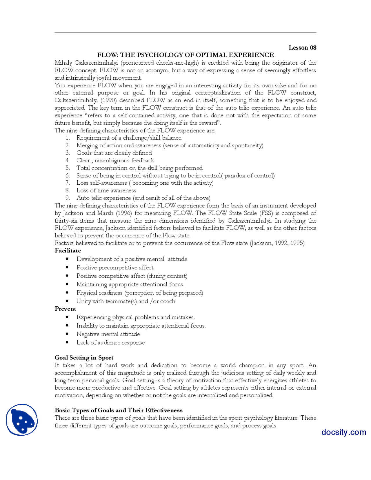 Goal Setting in Sport-Sports Psycology-Lecture Handout | Exercises ...
