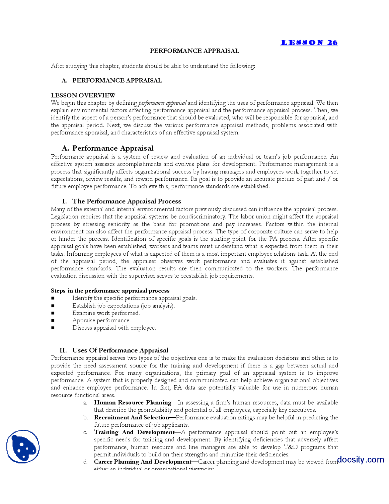 Performance Appraisal-Human Resource Managment-Lecture Handout - Docsity