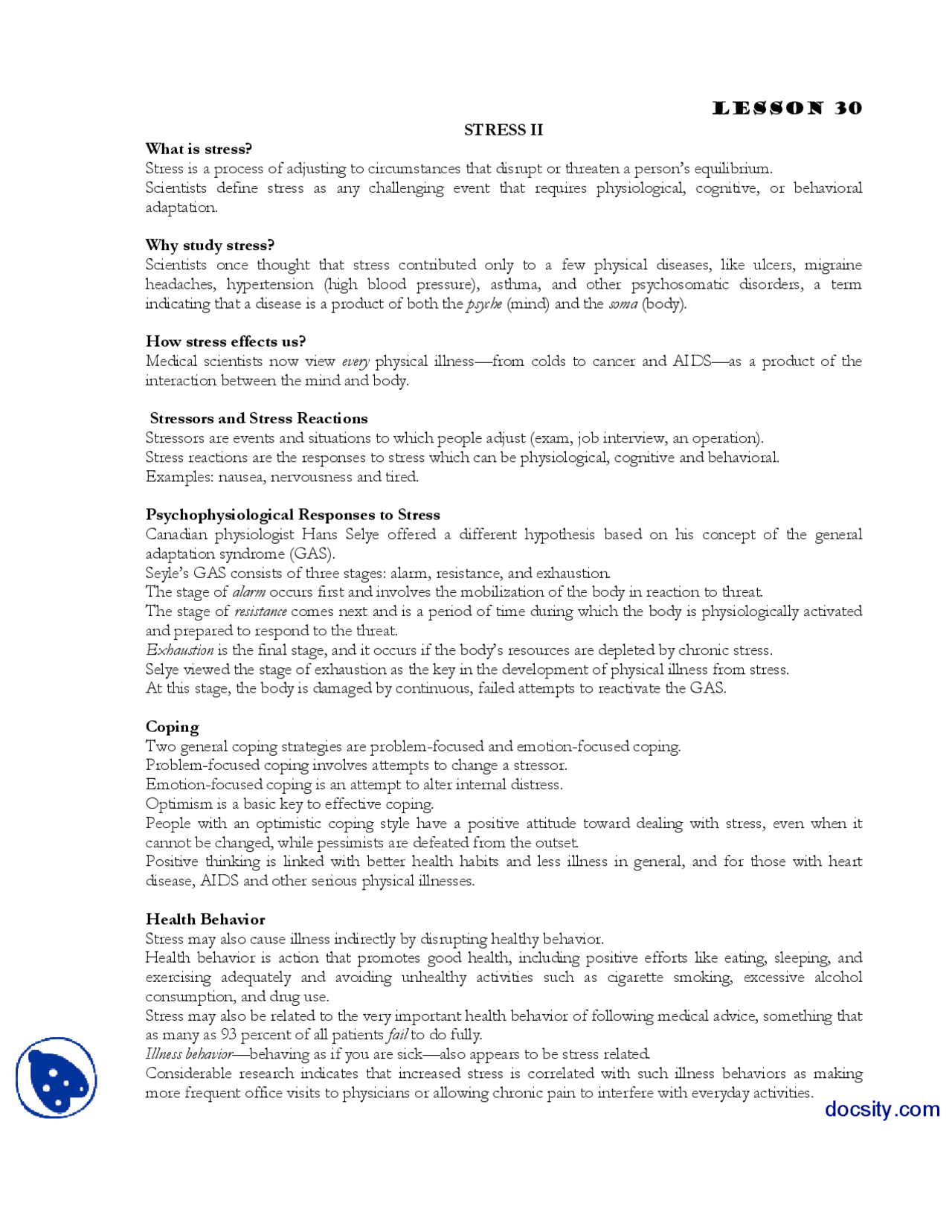 Stress Part 2 Abnormal Psycology Lecture Handout Docsity